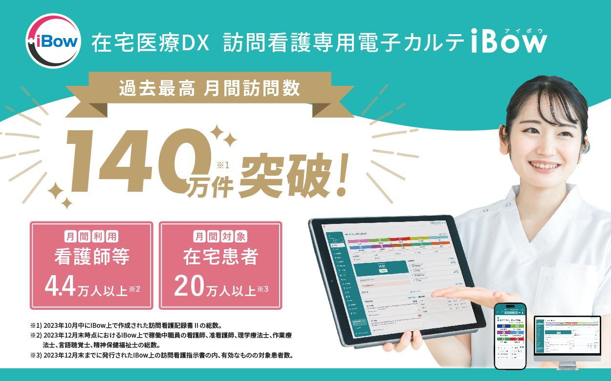 看護師等4.4万人、月間訪問数140万件、全国で利用される訪問看護DX「iBow」がもたらす在宅医療の新たな在り方 - 訪問看護システム（ソフト）・電子カルテならiBow(アイボウ)